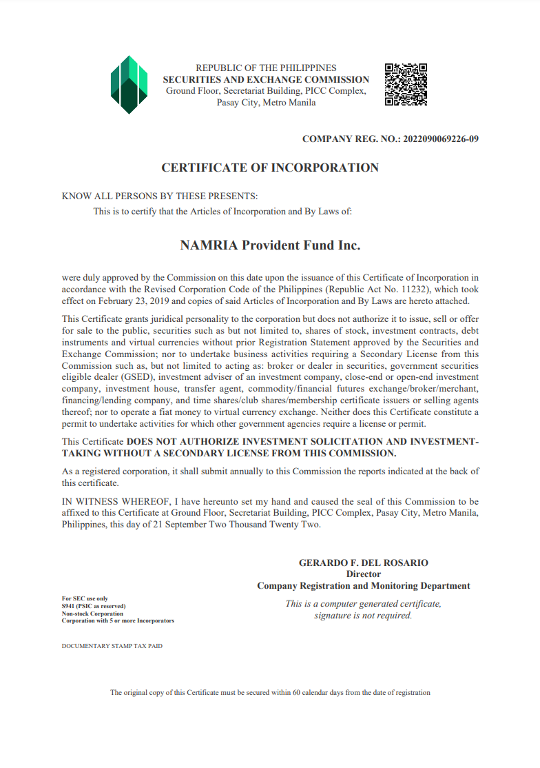 Securities And Exchange Commission Certificate Of Registration Securities And Exchange Commission Certificate Of Registration